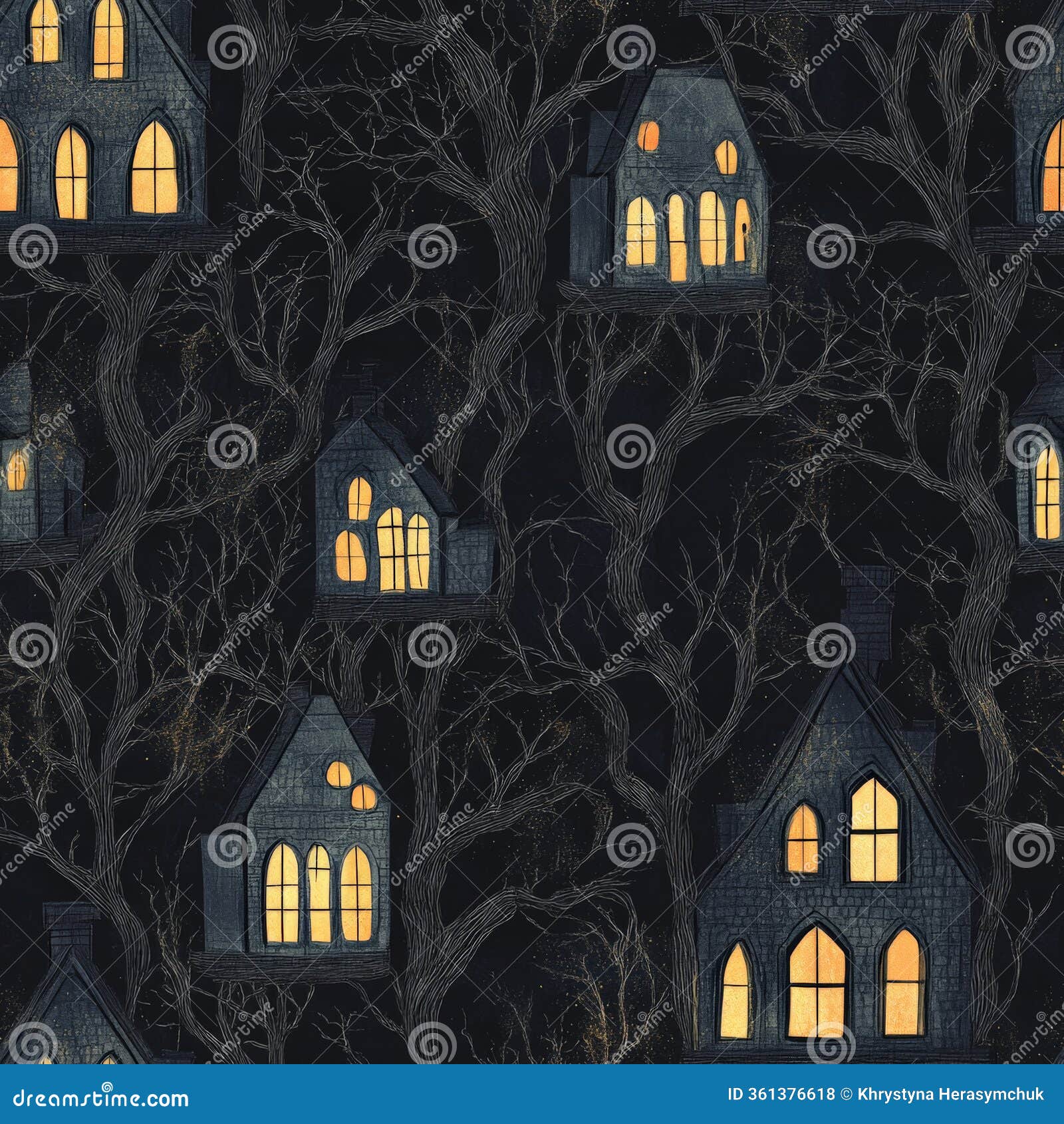 A Mysterious Haunted House Pattern with Eerie Glowing Windows and ...