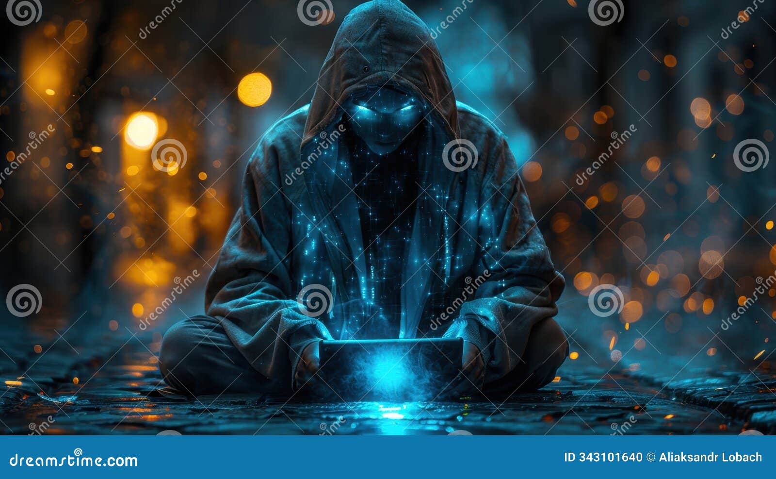 A Mysterious Hooded Computer Hacker is Sitting at His Laptop. the ...