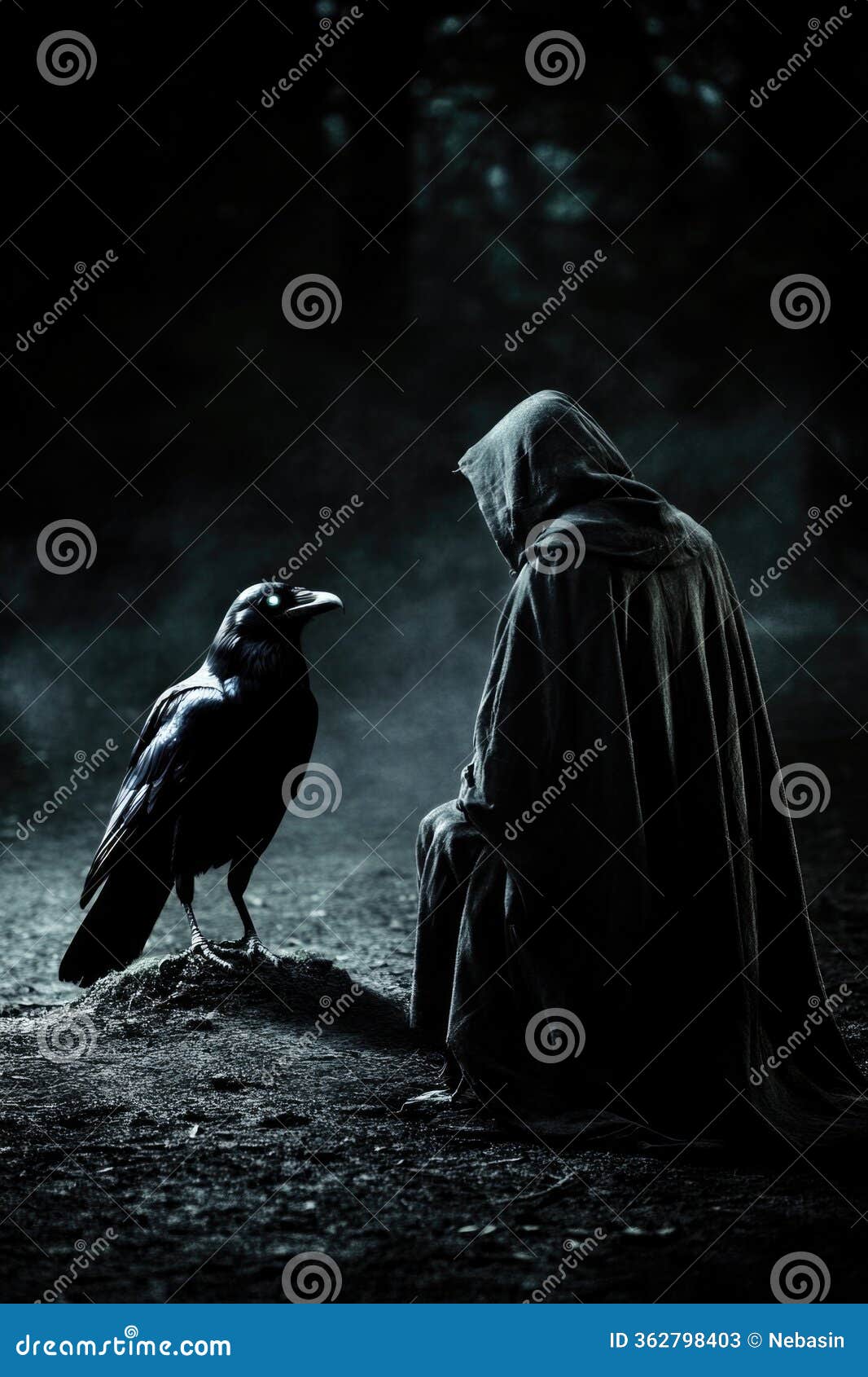 Mysterious Hooded Figure and Black Raven in Dark Forest Setting Stock ...