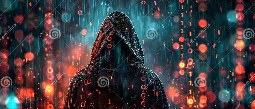 Mysterious Hooded Figure Standing in the Rain with Digital Binary Code ...