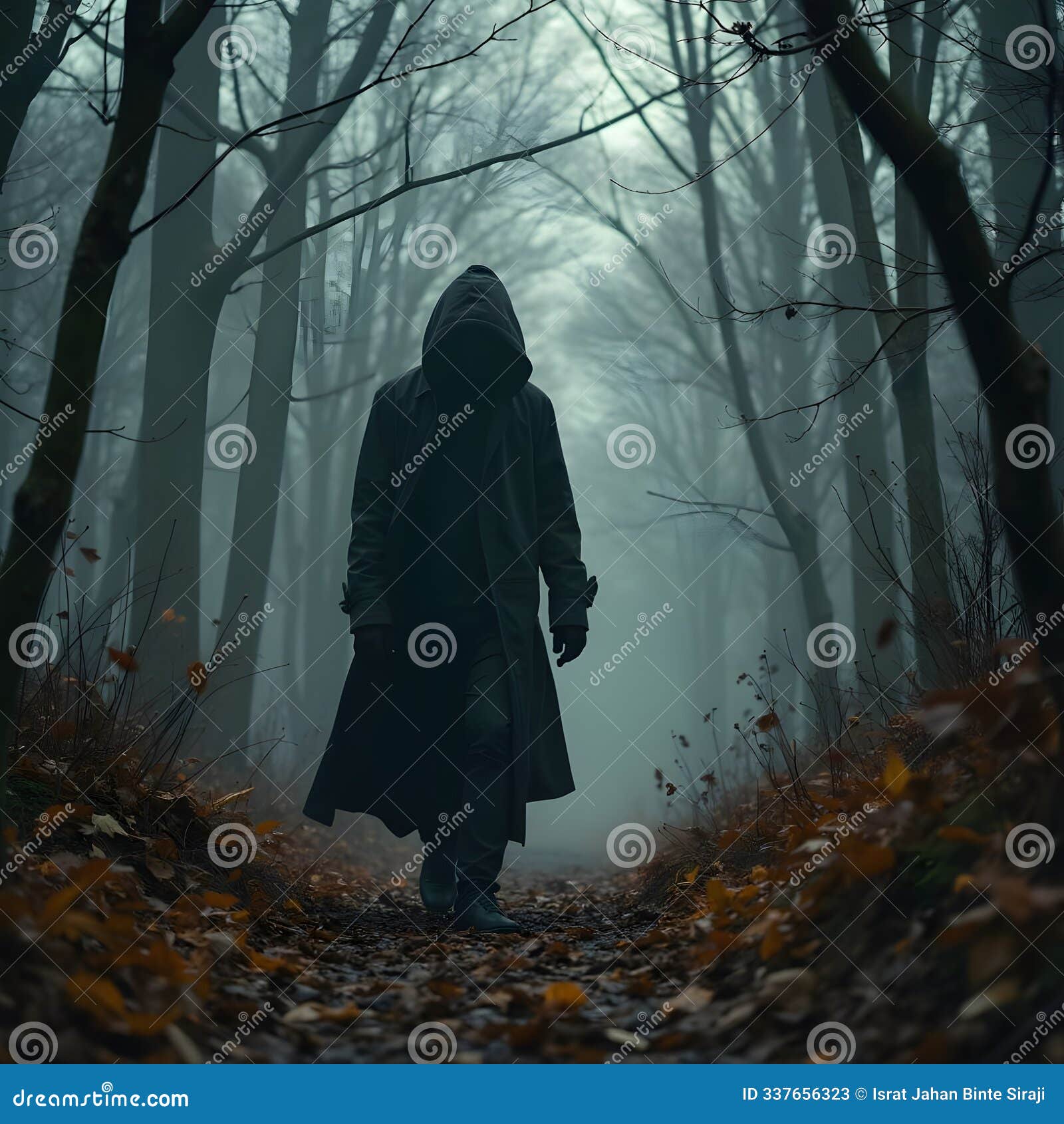 Mysterious Hooded Figure Walking through a Halloween Forest Stock Image ...