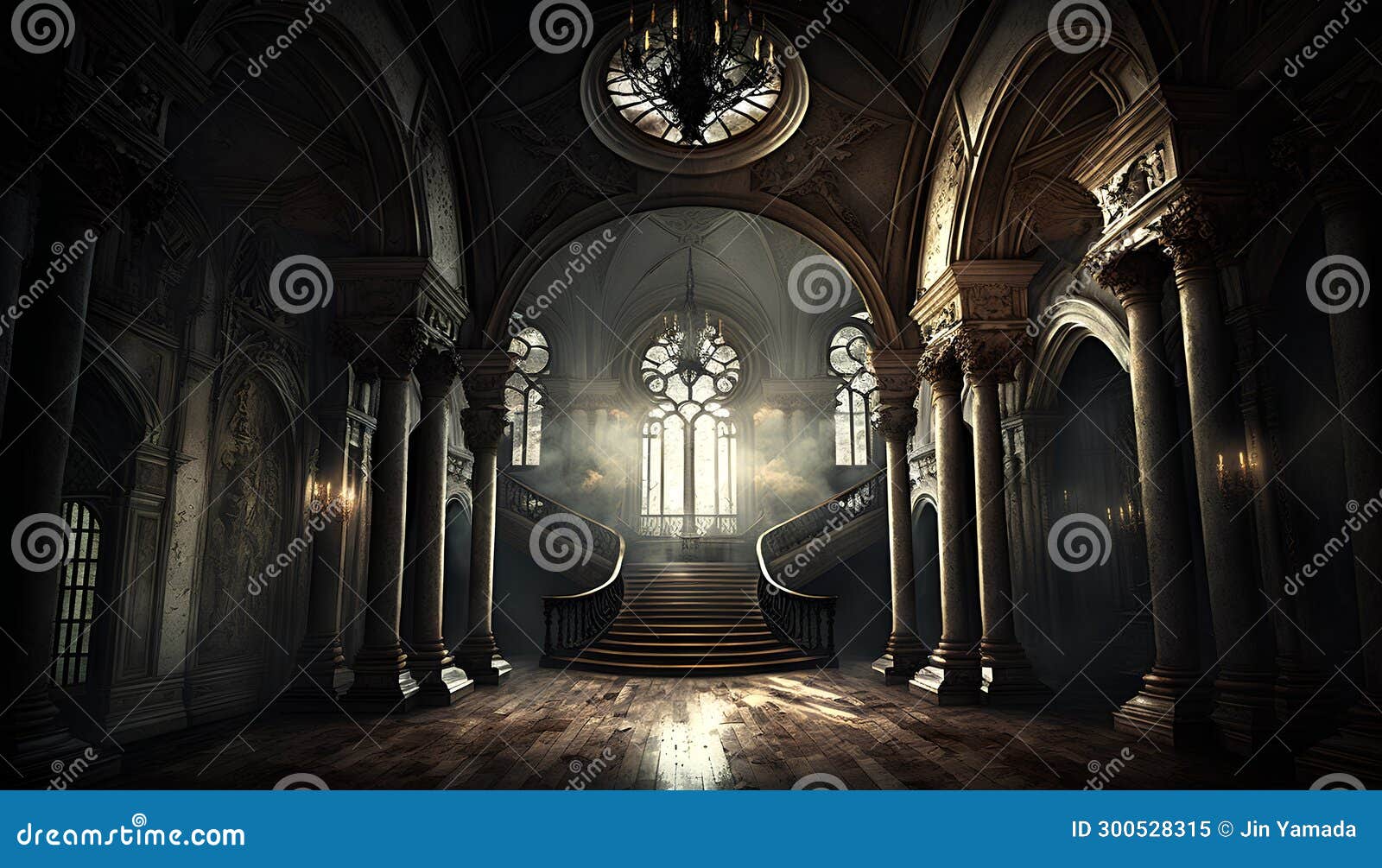 Mysterious Interior of an Old Palace with a Staircase. 3D Rendering ...