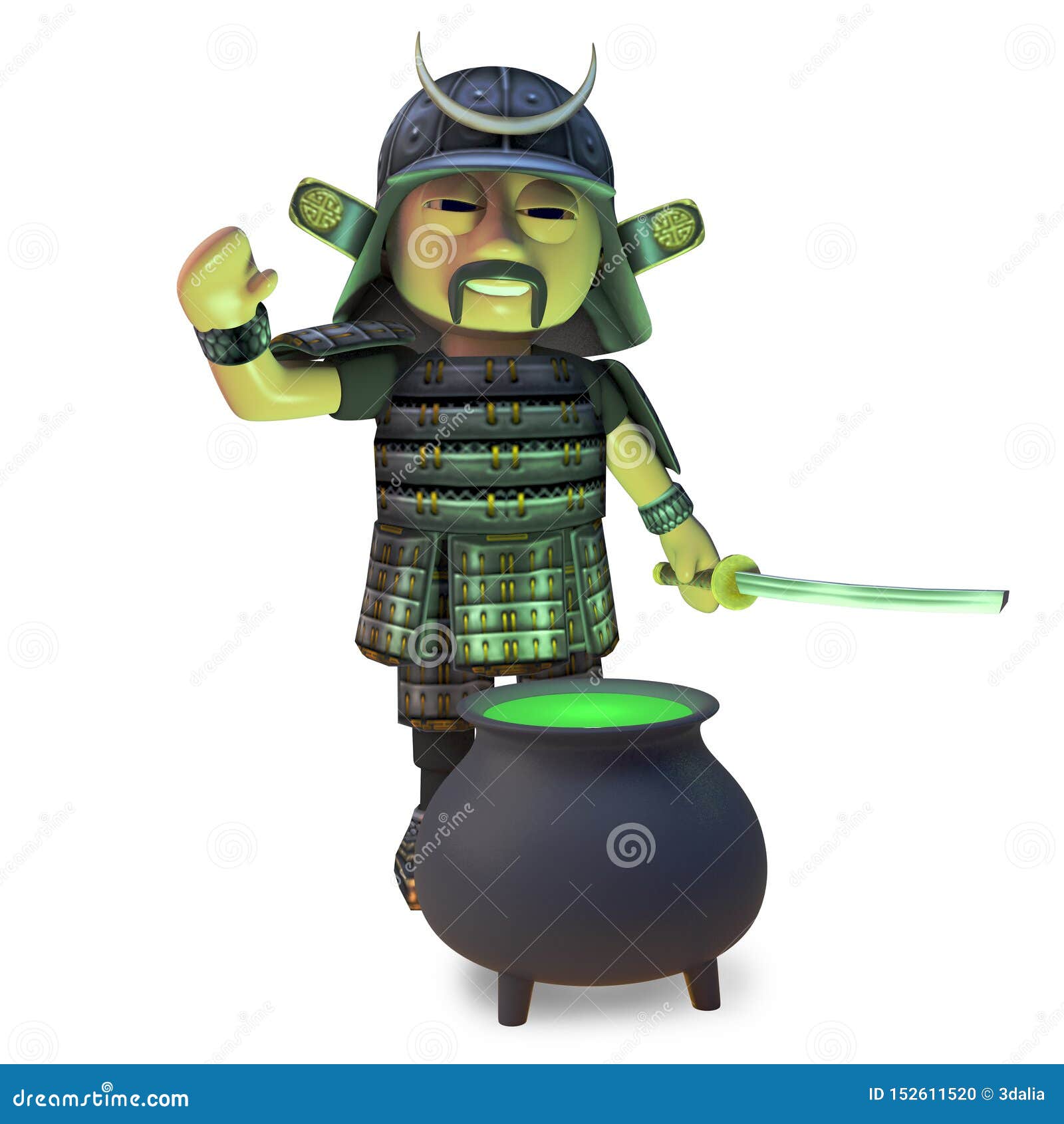 Mysterious Japanese Samurai Warrior Using a Magical Cauldron, 3d ...