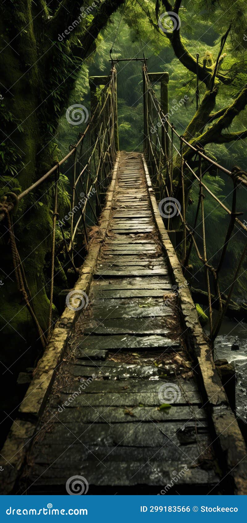 Mysterious Jungle: a Rustic Wooden Bridge in a Dark and Foreboding ...