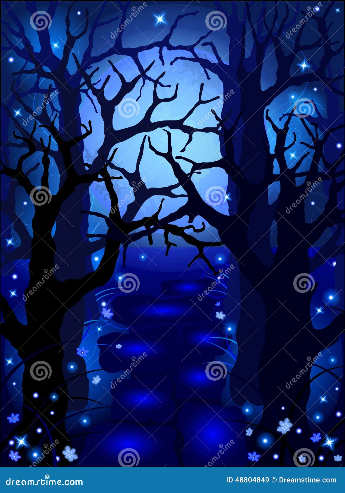 Mysterious Magic Forest in the Moonlight Stock Vector - Illustration of ...