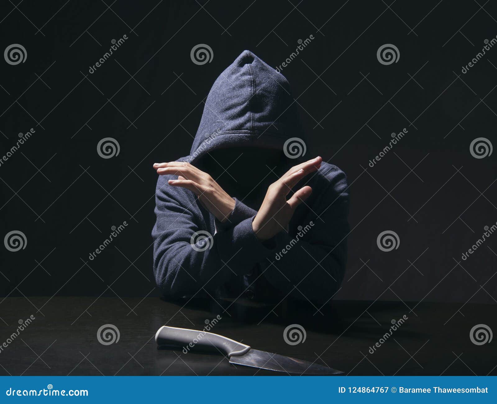 Mysterious Man Hooded and Knife in Interrogation Room. Committed Stock ...