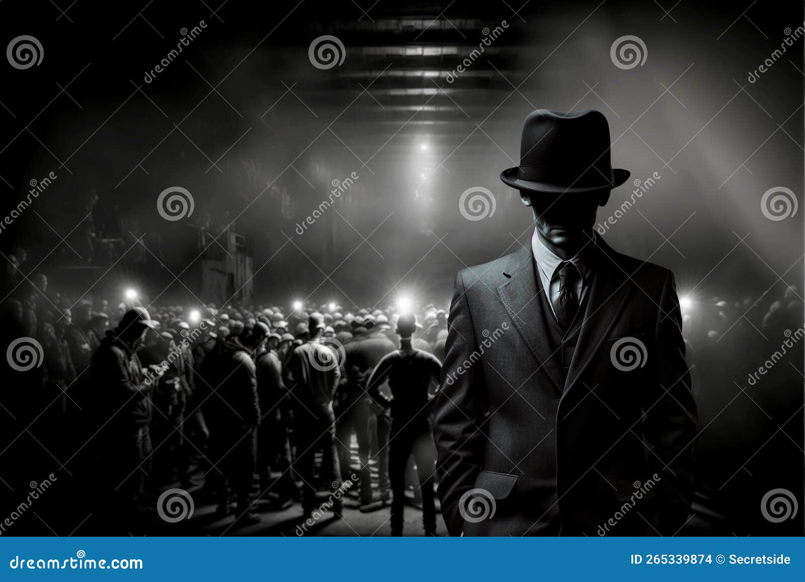 Mysterious Man in Suit in Front of a Crowd in a Warehouse ...