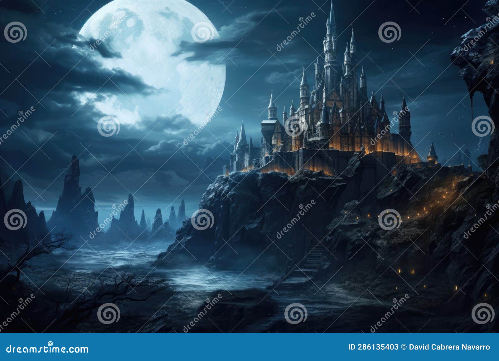 Mysterious Medieval Castle in a Full Moon Night Stock Illustration ...