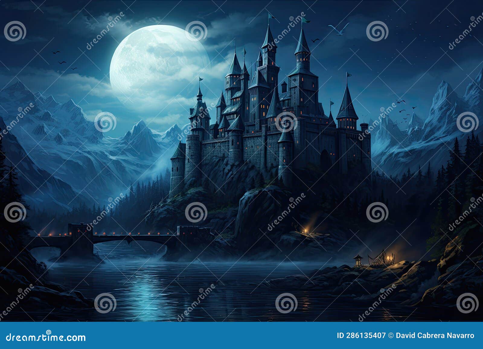 Mysterious Medieval Castle in a Full Moon Night Stock Illustration ...