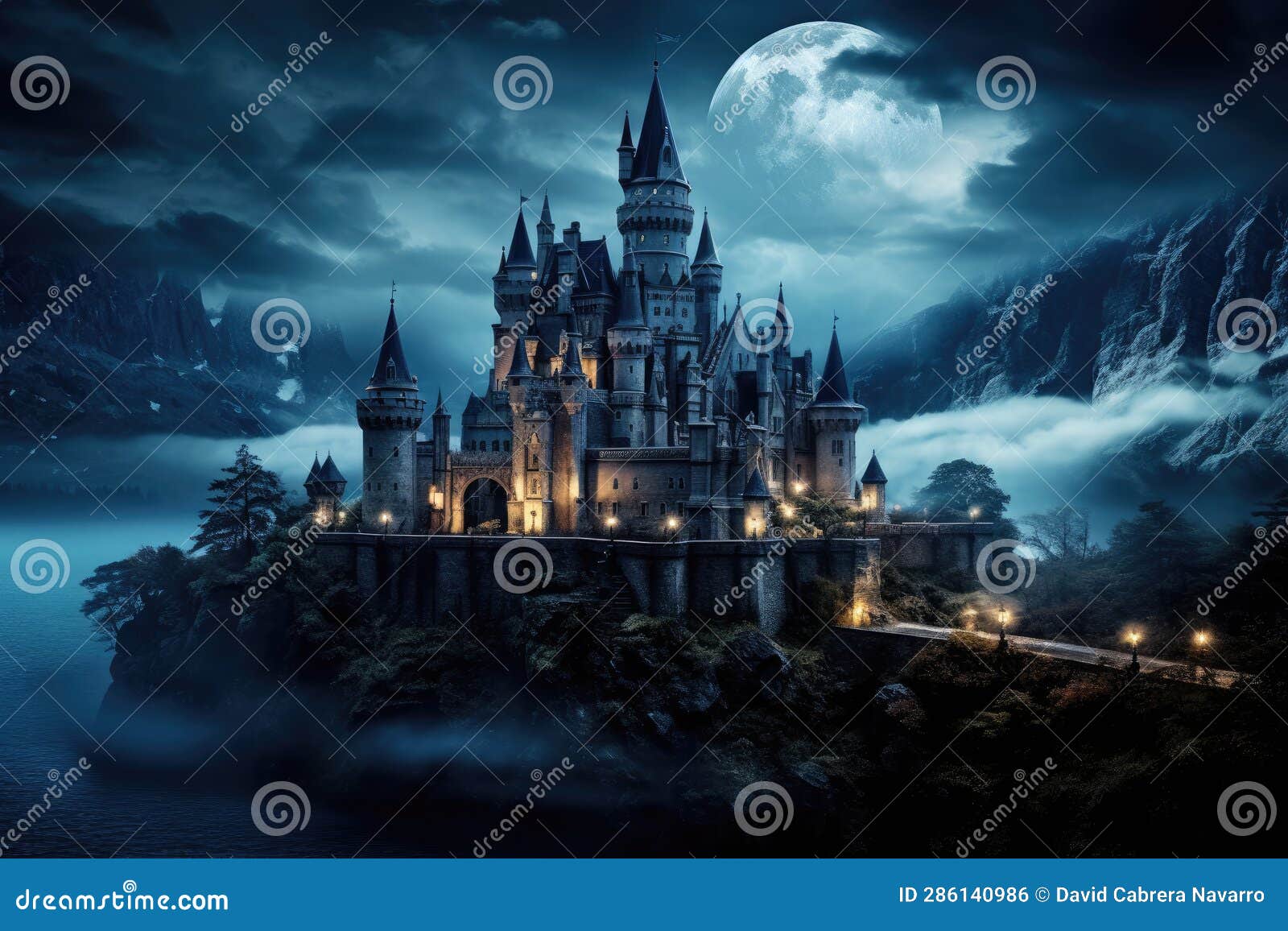 Mysterious Medieval Castle in a Full Moon Night Stock Illustration ...