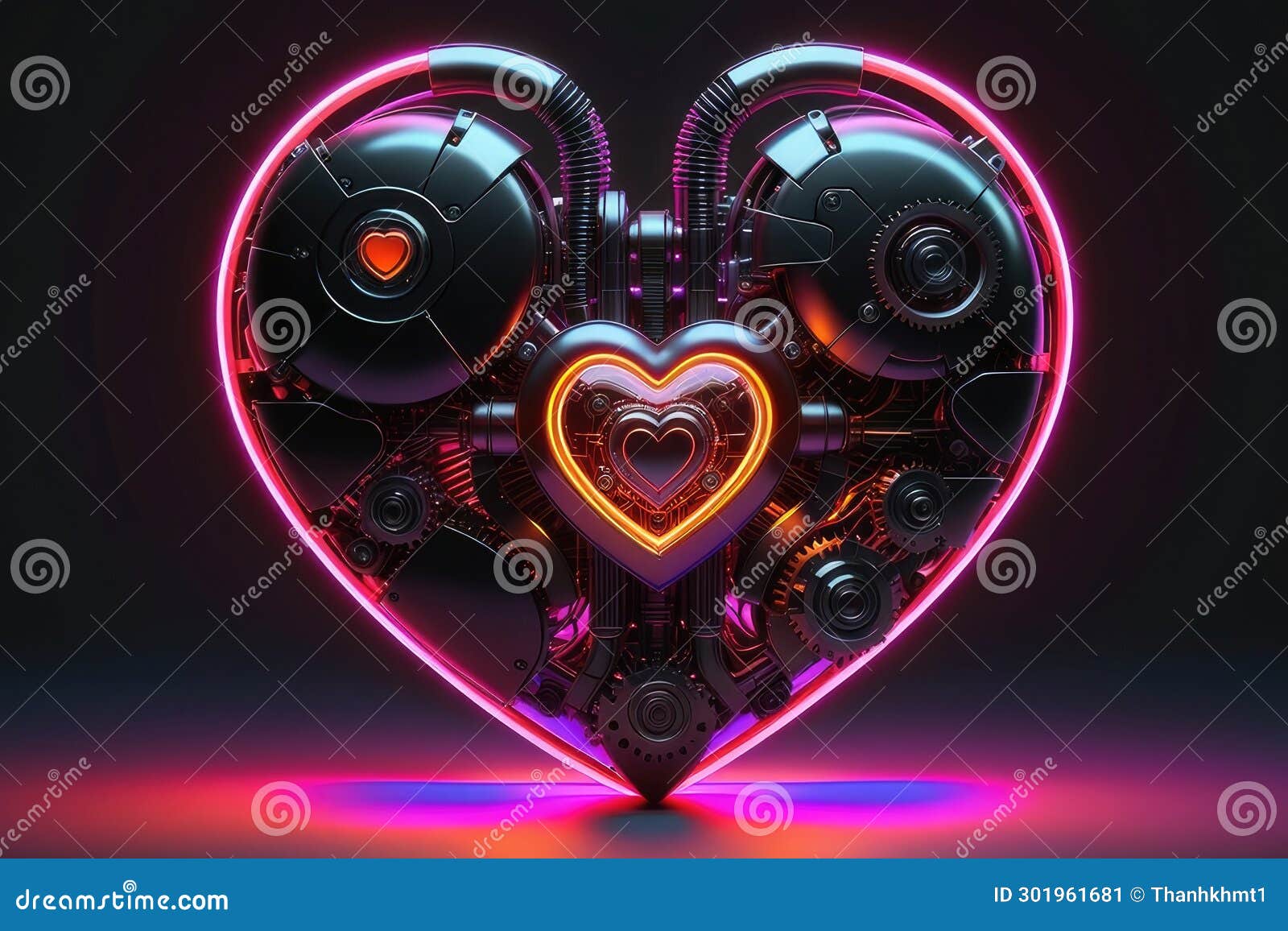 A Mysterious Metal Heart Shape with Neon Lights, Horizontal Composition ...