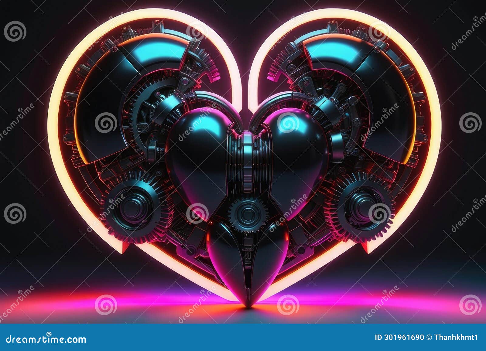 A Mysterious Metal Heart Shape with Neon Lights, Horizontal Composition ...