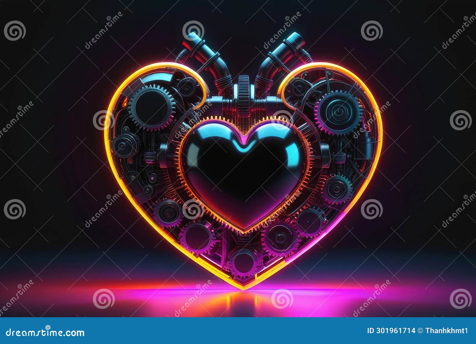A Mysterious Metal Heart Shape with Neon Lights, Horizontal Composition ...