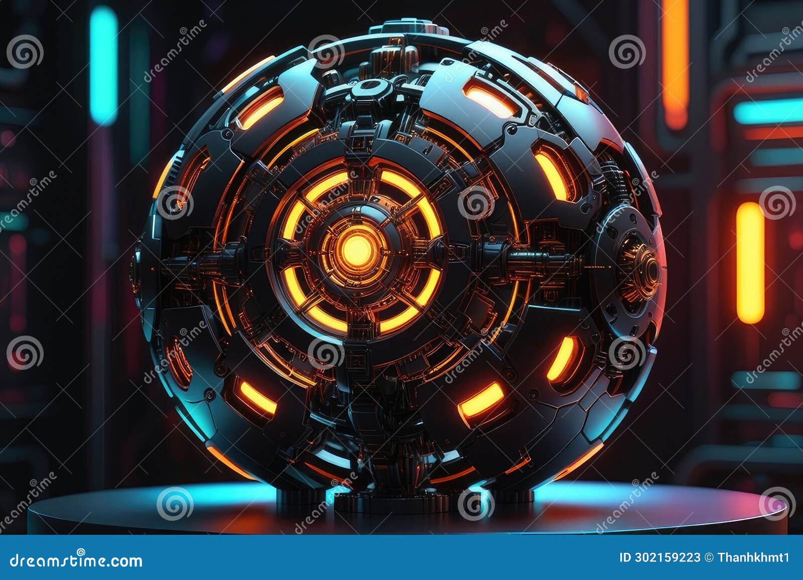 A Mysterious Metal Sphere with Neon Lights, Horizontal Composition ...