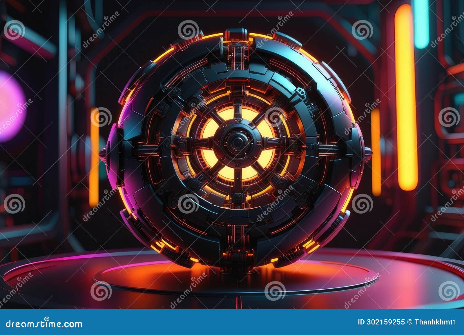 A Mysterious Metal Sphere with Neon Lights, Horizontal Composition ...