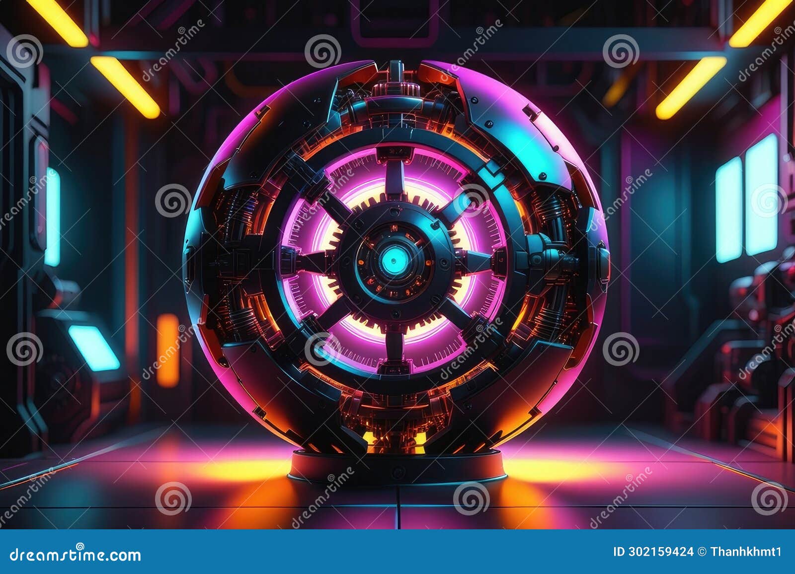 A Mysterious Metal Sphere with Neon Lights, Horizontal Composition ...