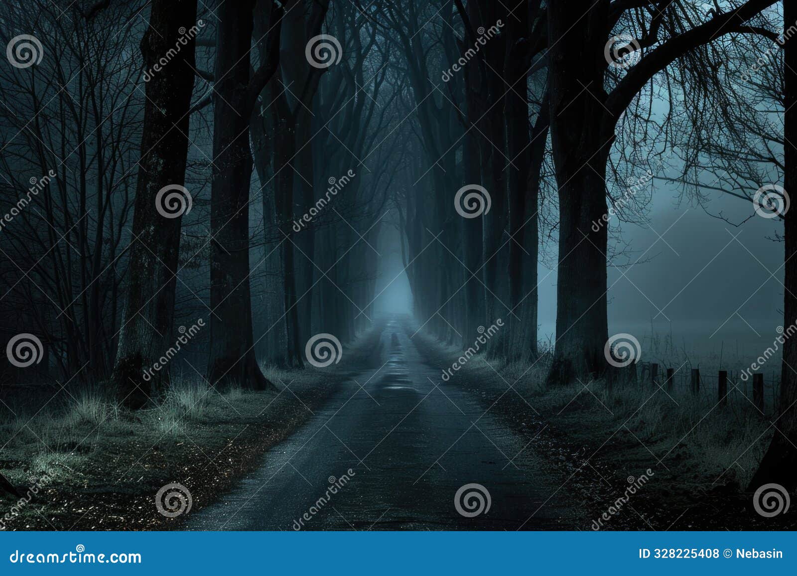 Mysterious Misty Forest Pathway with Tall Eerie Trees at Night Stock ...
