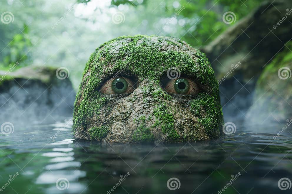 Mysterious Moss-covered Creature in Forest Stream Stock Illustration ...