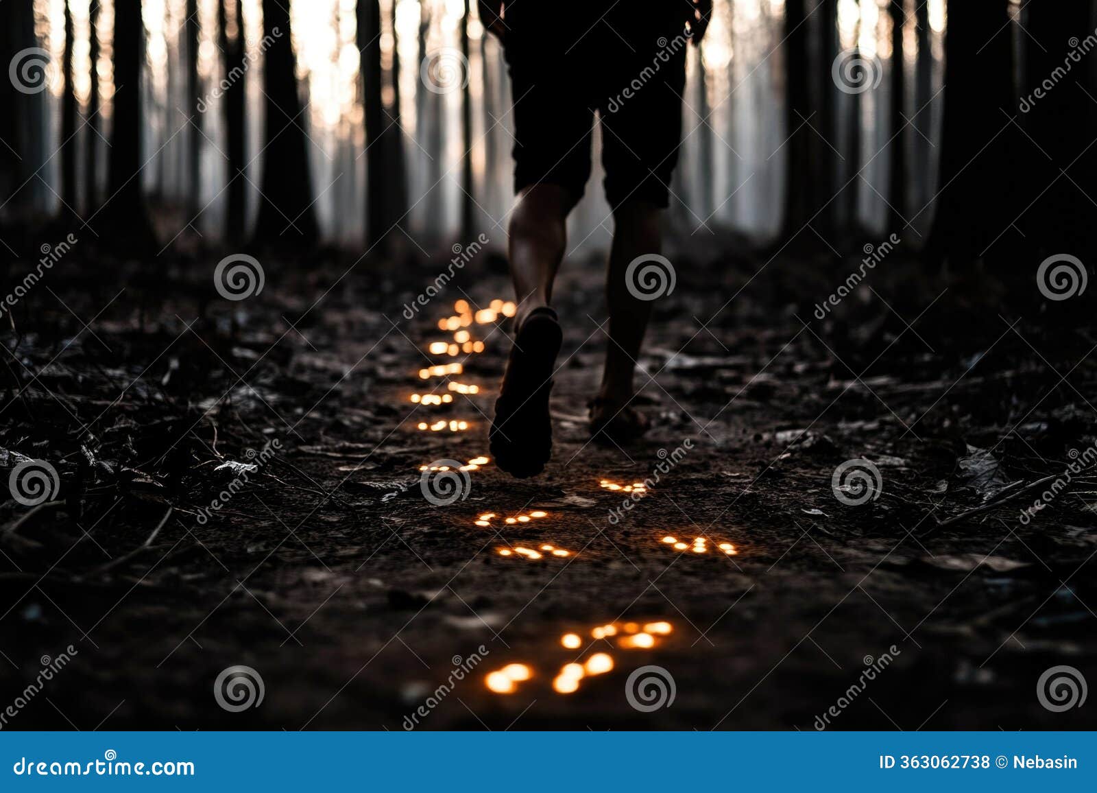 Mysterious Path in Dark Forest with Glowing Footsteps at Twilight Stock ...
