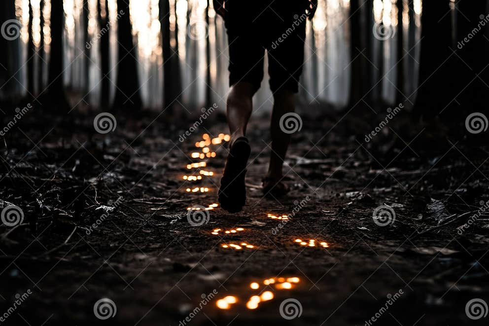 Mysterious Path in Dark Forest with Glowing Footsteps at Twilight Stock ...
