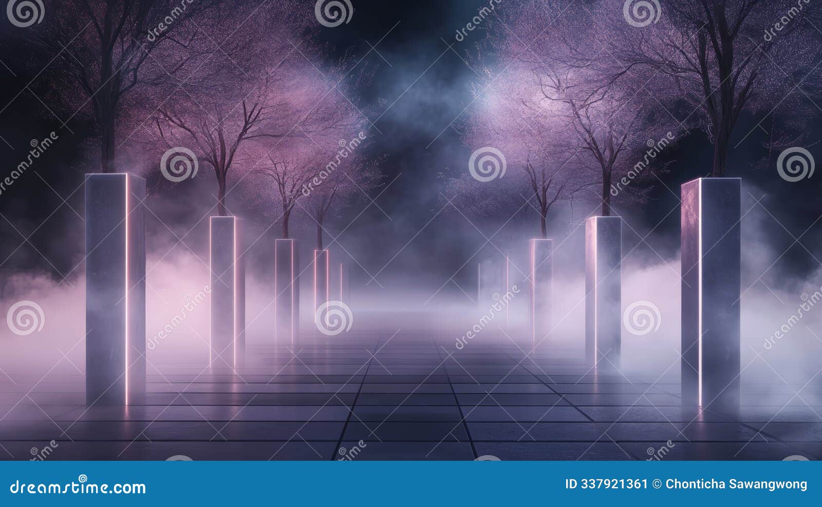 A Mysterious Pathway Enveloped in Fog, Lined with Ethereal Trees and ...