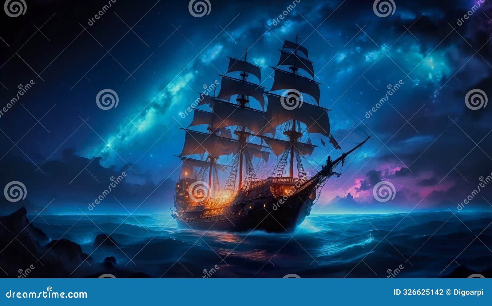 A Mysterious Pirate Ship Sailing Under The Starry Night Sky. AI ...