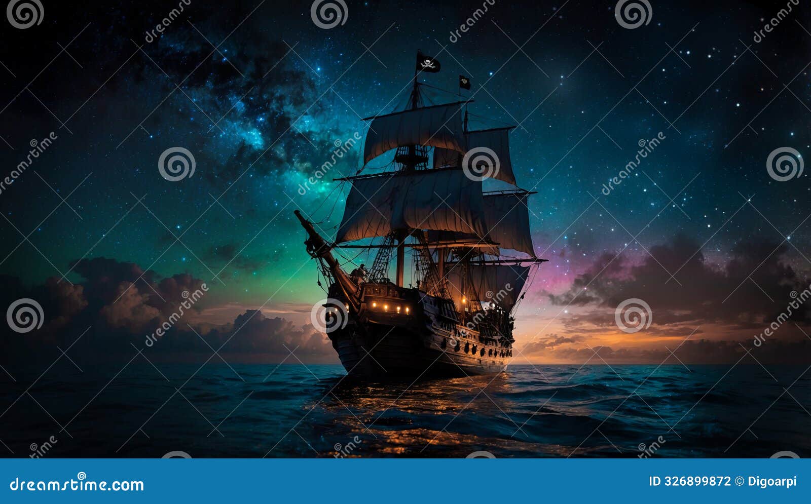 A Mysterious Pirate Ship Sailing Under The Starry Night Sky. AI ...