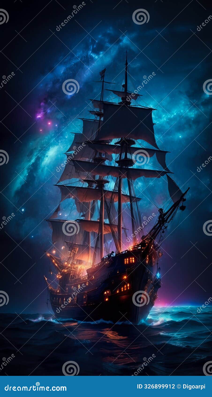 A Mysterious Pirate Ship Sailing Under The Starry Night Sky. AI ...