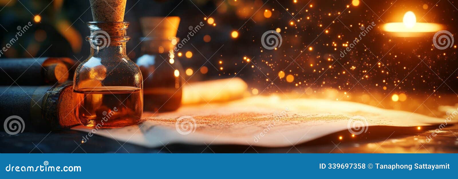 Mysterious Potion Bottles an Old Parchment Scroll and a Magical Glow ...