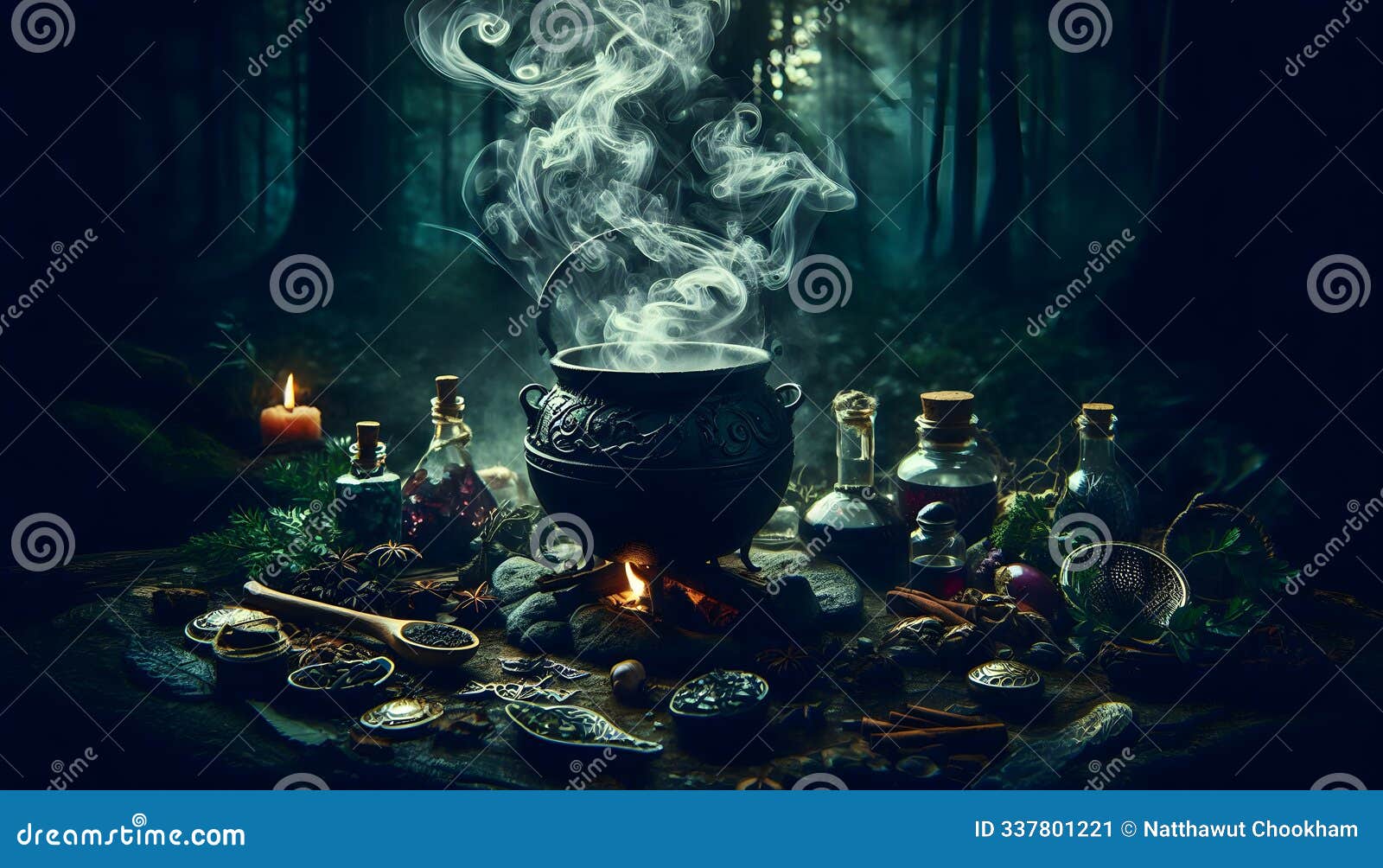 Mysterious Potion Brewing in Enchanted Forest Stock Illustration ...