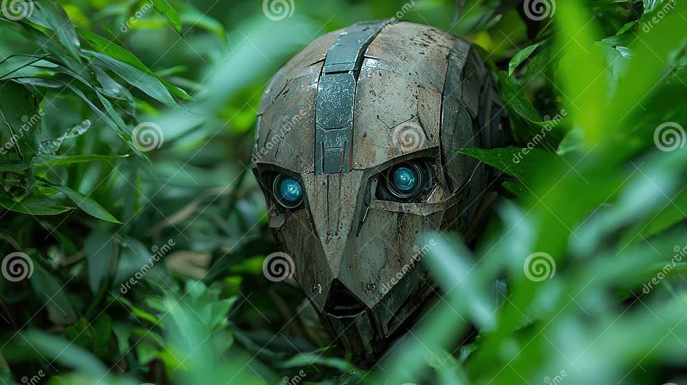 Mysterious Robot Face Hidden in Lush Greenery Stock Illustration ...