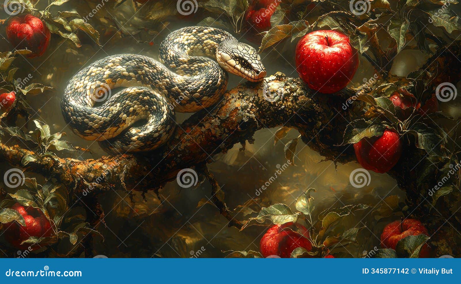 Mysterious Serpent Temptress Coiled Elegantly Dramatic Apple Tree Moody Setting Symbolizing Year ...