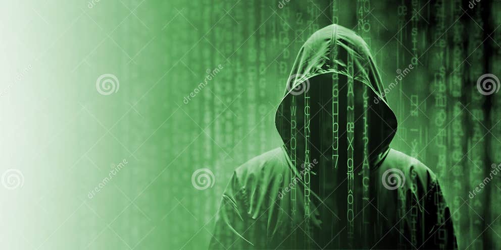 Mysterious Silhouette of a Hooded Hacker Beneath a Digital Green Rain of Binary Code Characters ...