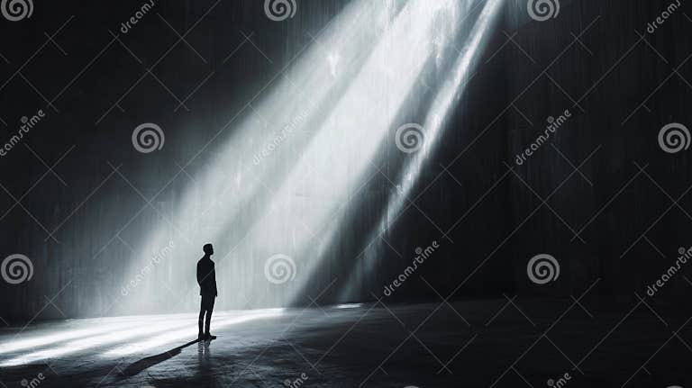 Mysterious Silhouette of a Lone Man Under a Dramatic Light Beam with ...