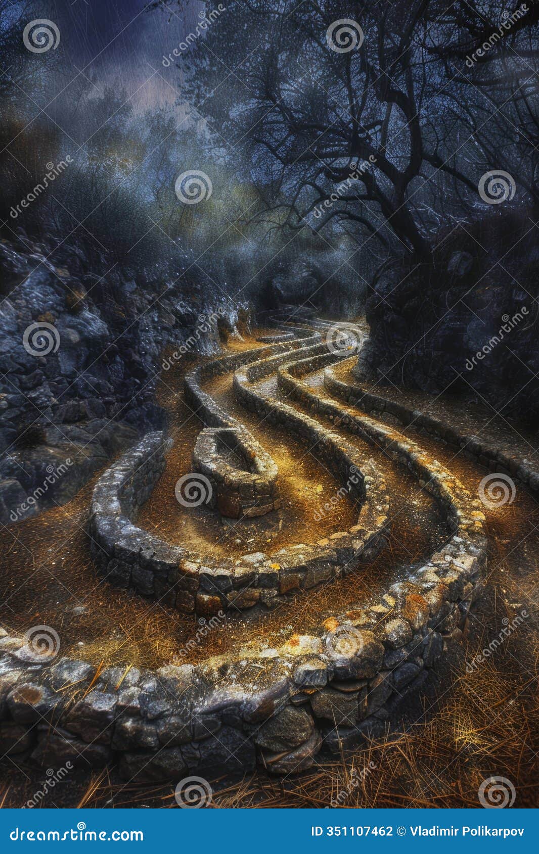A Mysterious Spiral Stone Path in a Dark Forest. Perfect for Spooky or ...