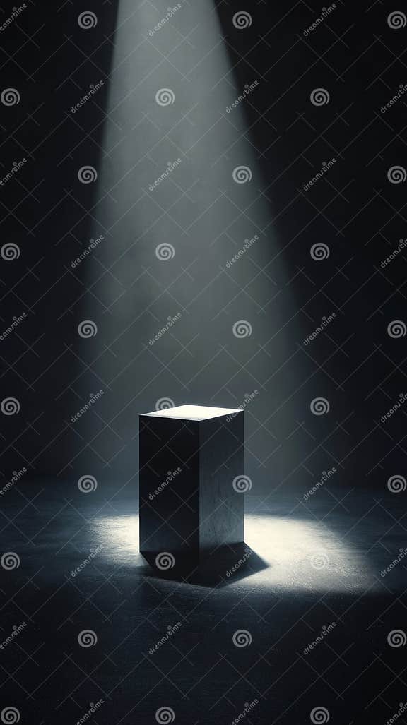 Mysterious Spotlight on a Dark Cube in a Dramatic Minimalist Setting with Shadows and Light ...