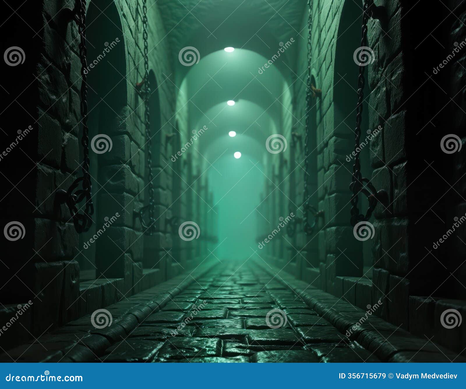 Mysterious Stone Corridor with Chains. Dim Light, Fog Create Eerie ...