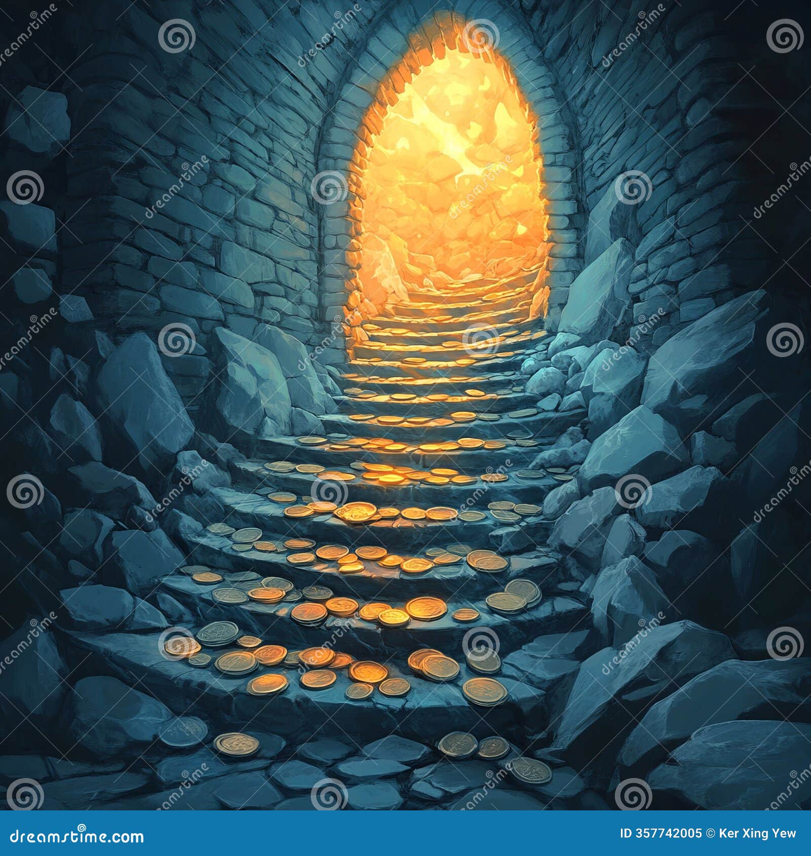 Mysterious Stone Pathway Illuminated by Golden Treasure in a Fantasy ...