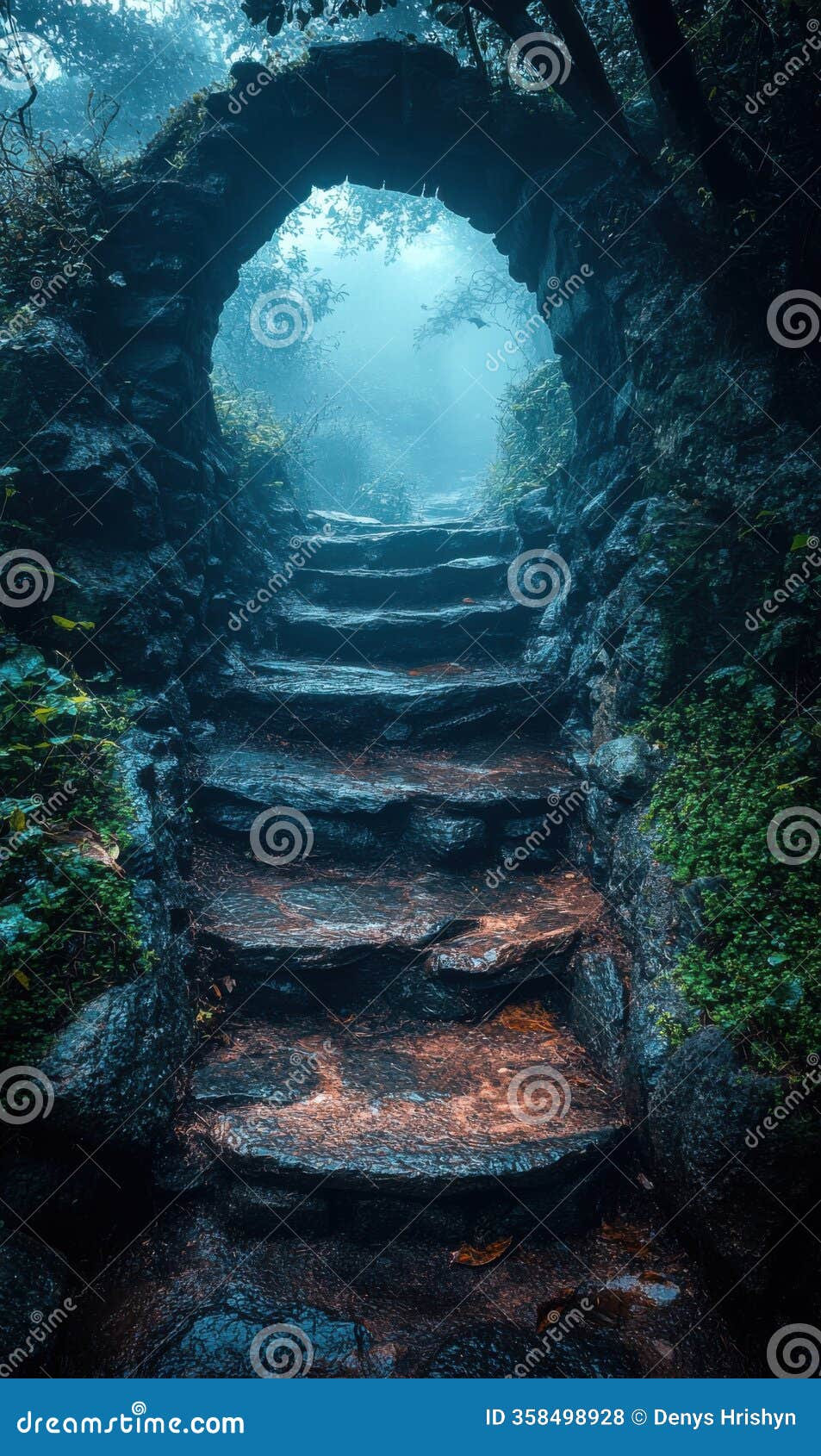 Mysterious Stone Steps Lead into a Foggy Forest at Dawn Stock Photo ...