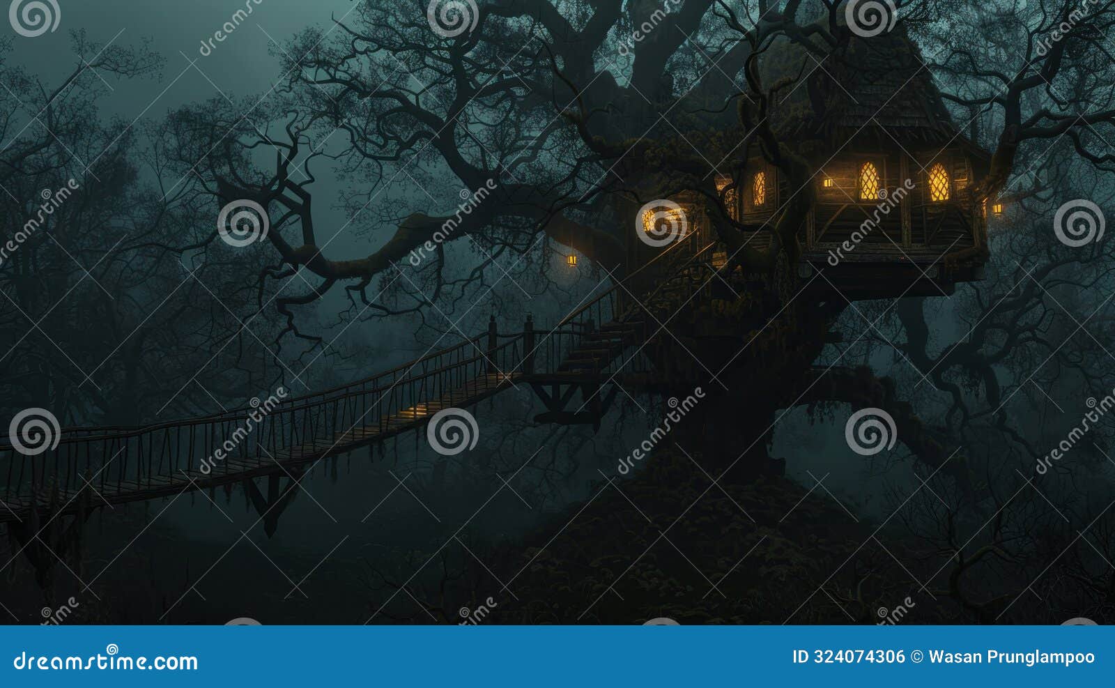 A Mysterious Treehouse with Glowing Windows Nestled in a Dense, Fog ...