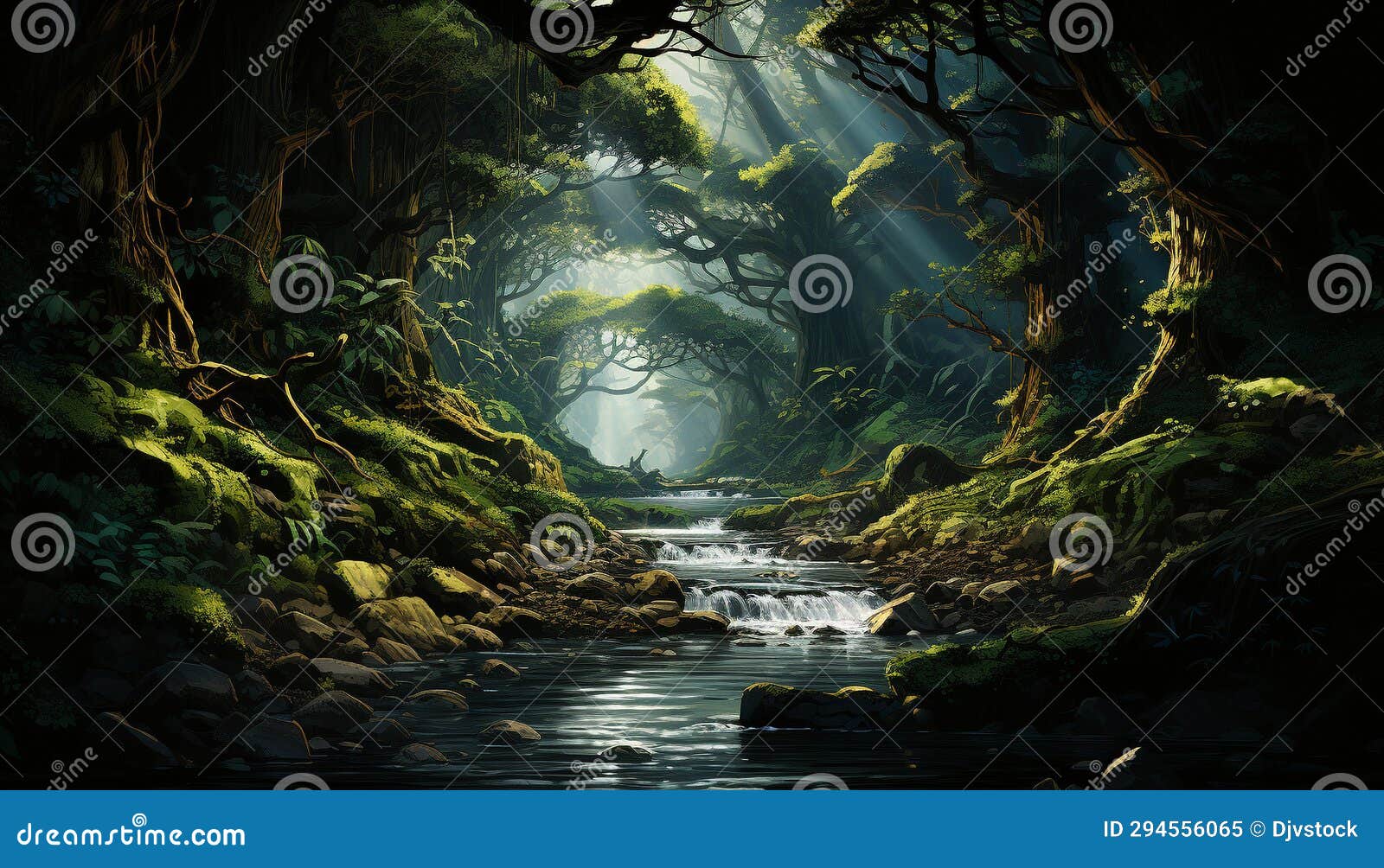 Mysterious Tropical Rainforest, a Dark Ravine, Flowing Water, Tranquil ...