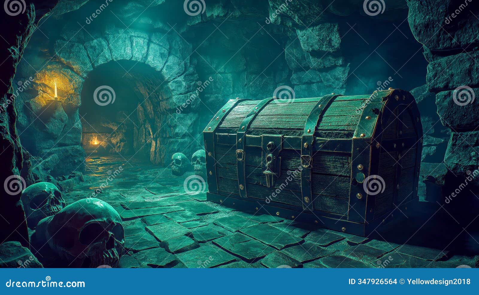Mysterious Underground Dungeon with Ancient Treasure Chest and Skulls ...