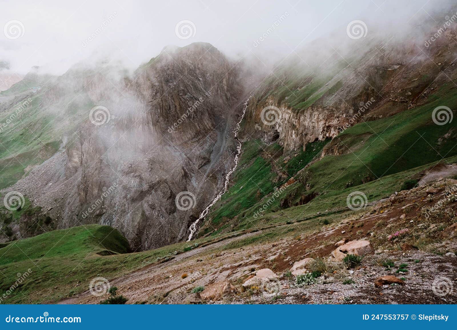 Mysterious Waterfall in Fog in Mountains Stock Image - Image of natural ...
