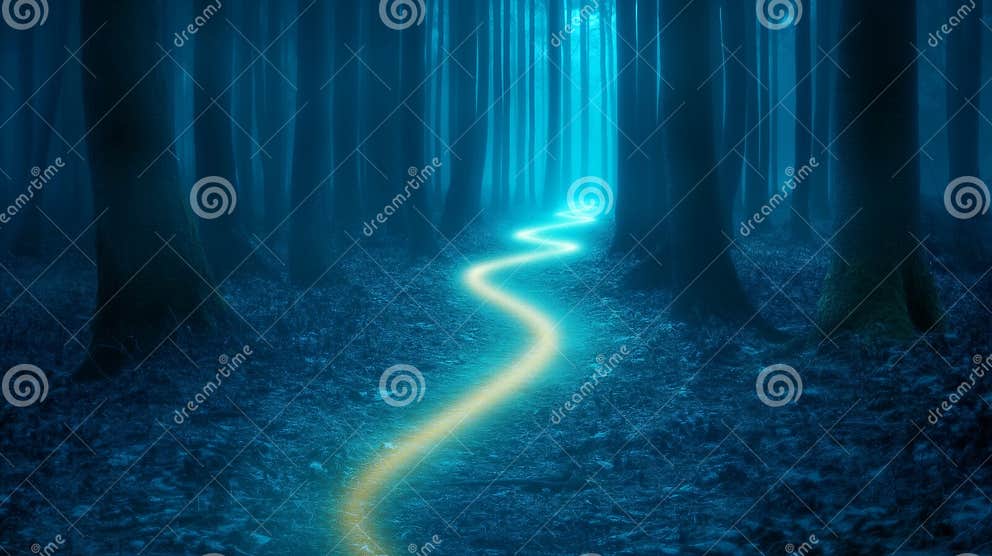 Mysterious Winding Path Illuminated in a Dark Forest Stock Illustration ...