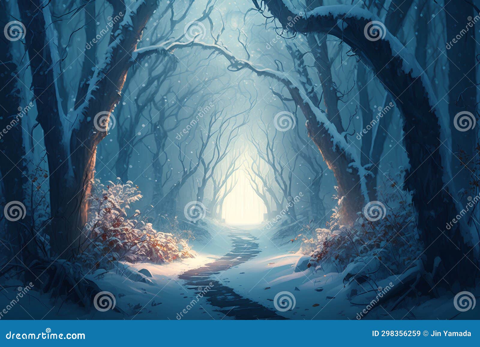 Mysterious Winter Forest with Path and Trees. 3d Render Stock Illustration - Illustration of ...