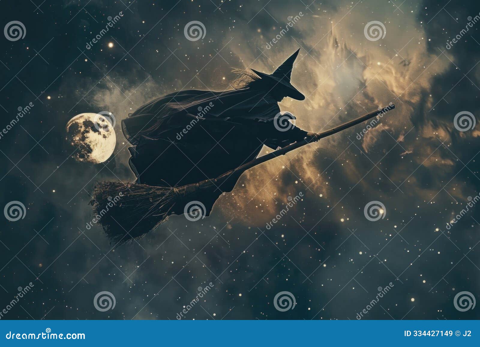 Mysterious Witch Flying on Broomstick Under Full Moon in Starry Night ...