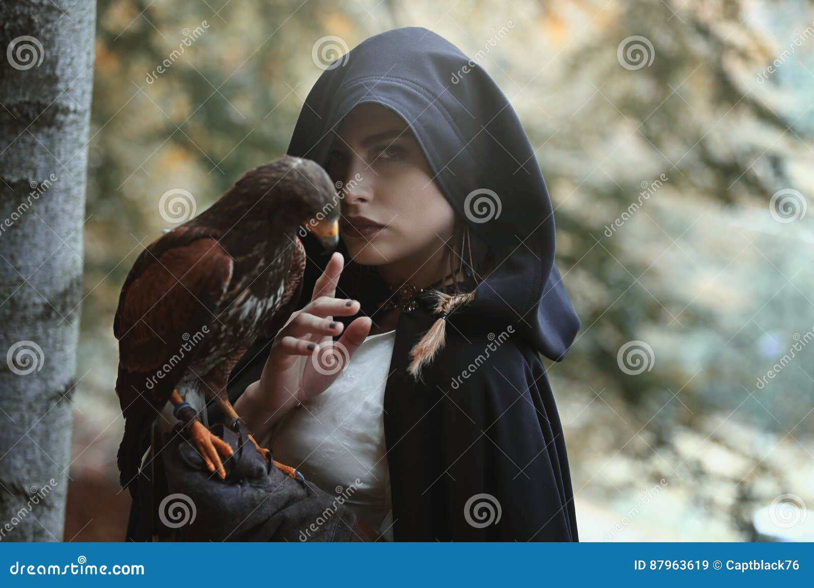 Mysterious woman with hawk stock image. Image of long - 87963619