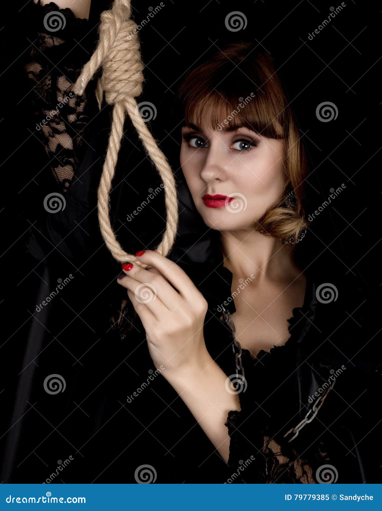 Mysterious Young Woman Holding Loop of the Rope. on a Dark Background ...