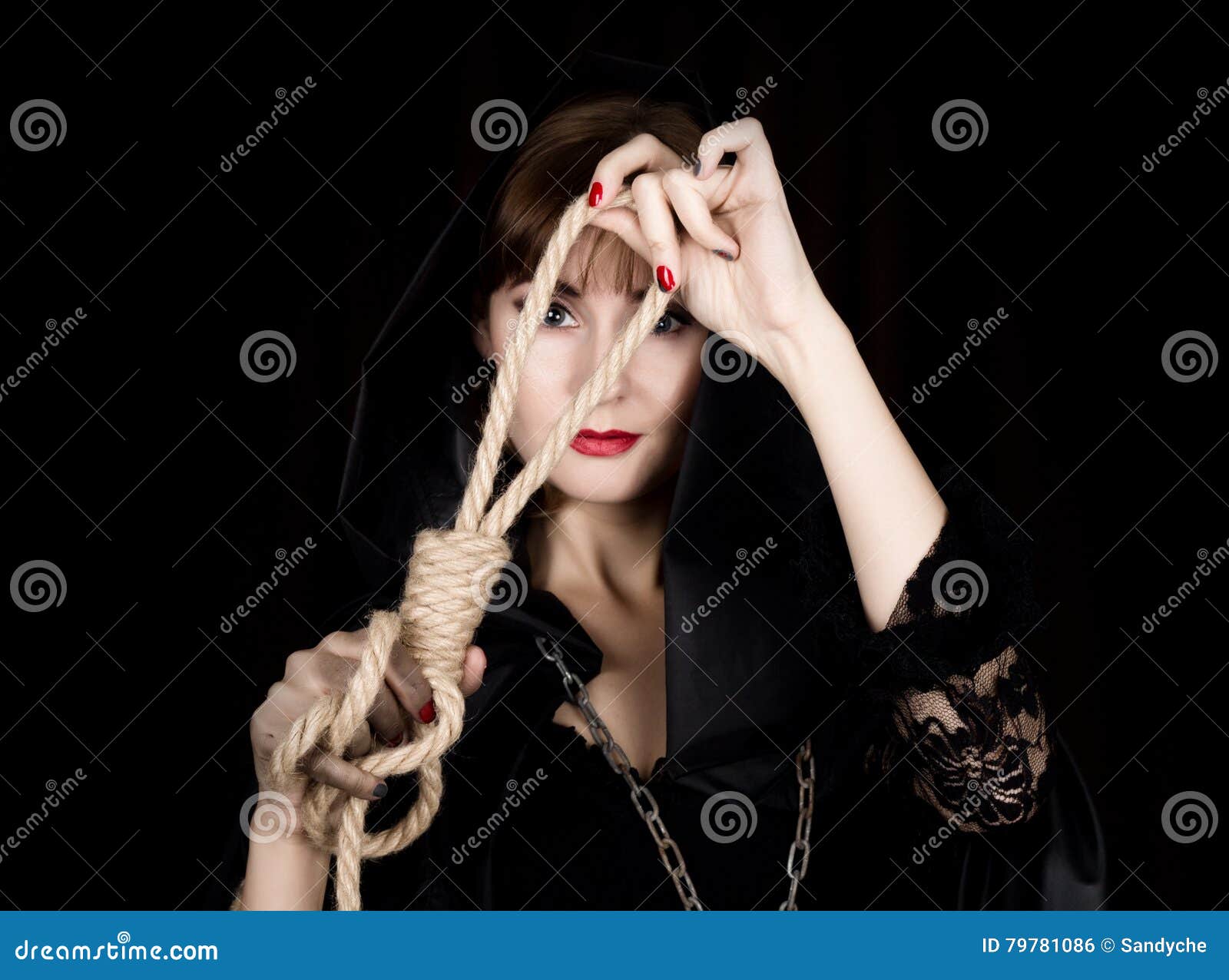 Mysterious Young Woman Holding Loop of the Rope. on a Dark Background ...