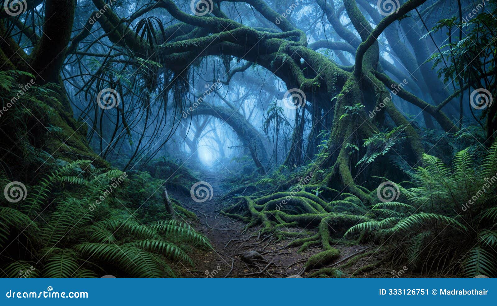 A Mysteriously Eerie Damp Cloud Forest With Gnarled Trees Stock Image ...